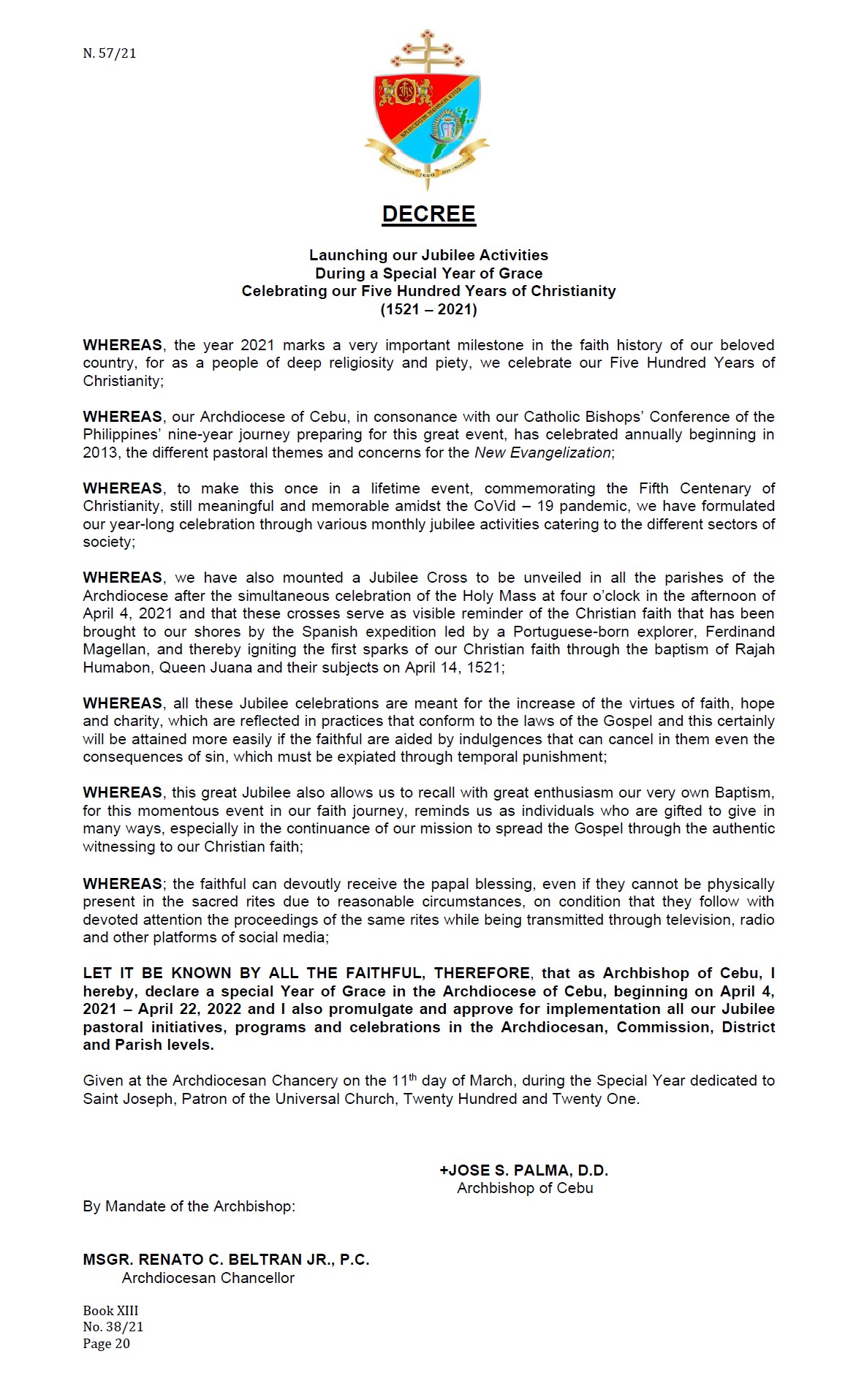 DECREE: Launching our Jubilee Activities During a Special Year of Grace ...